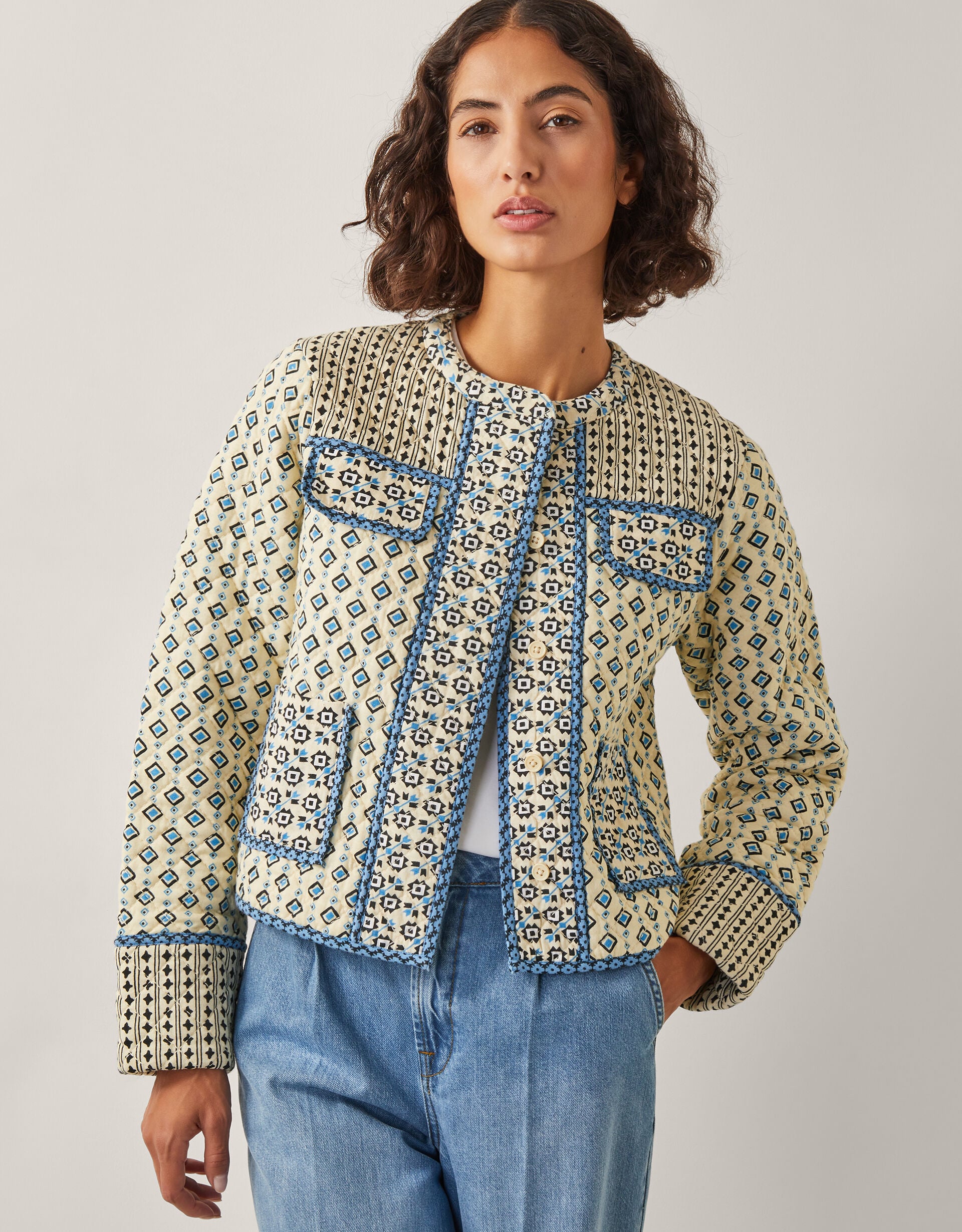 Judy Geometric Print Quilted Jacket Ivory | Jackets | Monsoon UK.