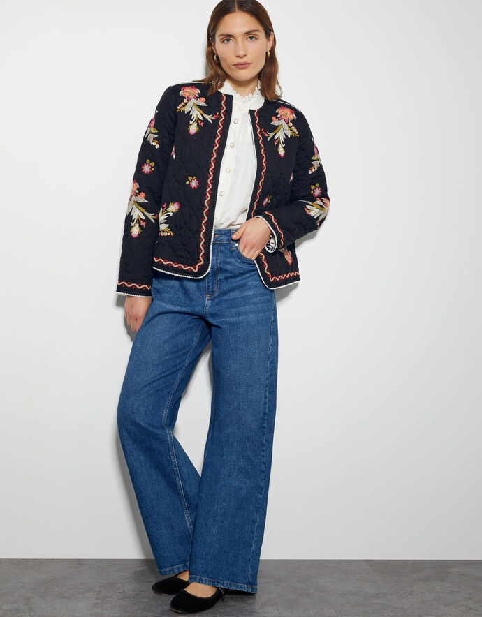 Elisha Floral Embroidered Quilted Jacket Black