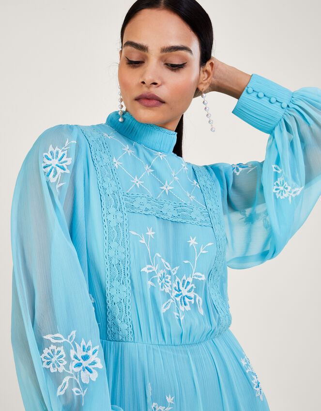 Maddie Embroidered Maxi Dress in Recycled Polyester Blue | Evening ...