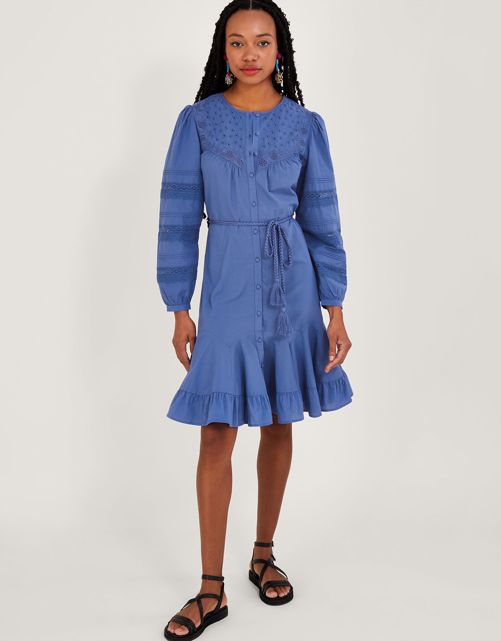 Bib Embroidered Detail Dress In Sustainable Cotton Blue Day Dresses