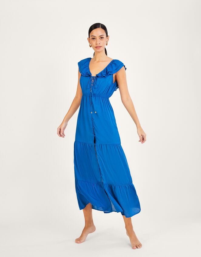 Frill Collar Plain Midi Dress in LENZING™ ECOVERO™ Blue