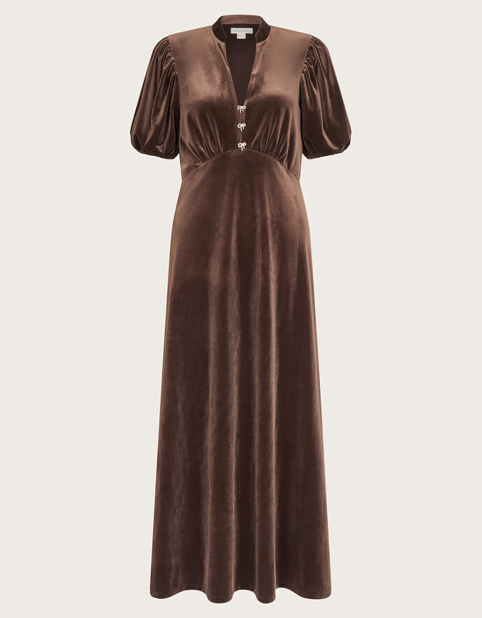 Veronique Velvet Bow Midi Dress Brown | Evening Dresses | Monsoon UK.