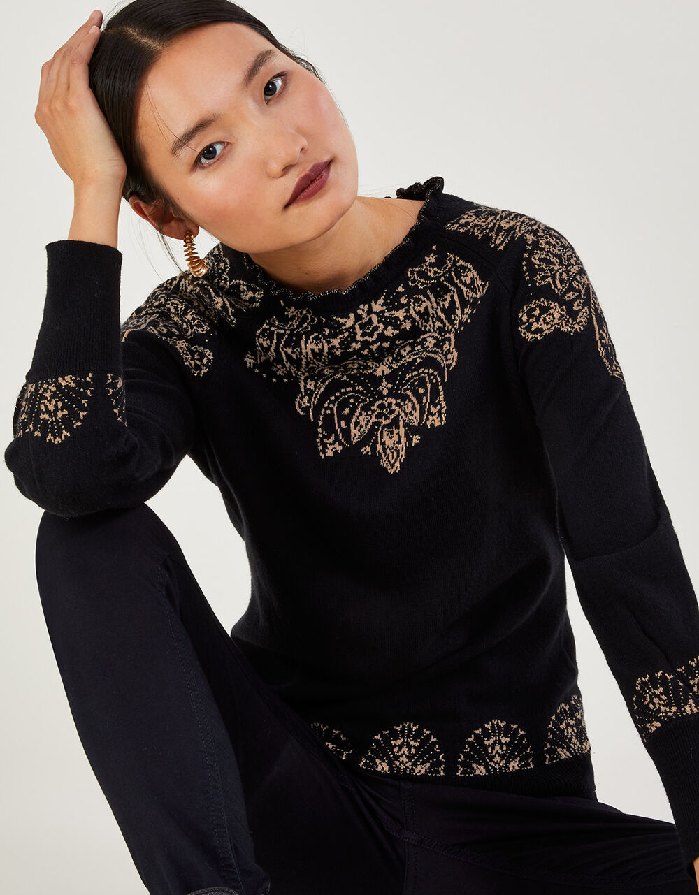 Frill Neck Floral Metallic Jumper Black | Jumpers | Monsoon UK.