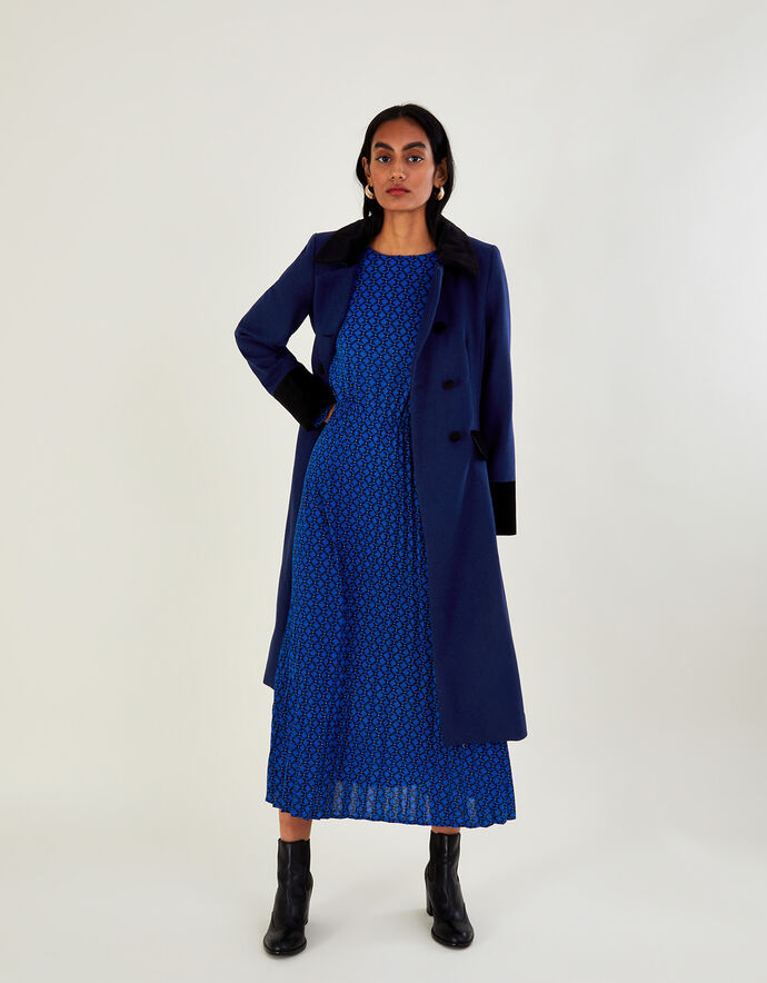 Velvet Trim Skirted Coat Blue