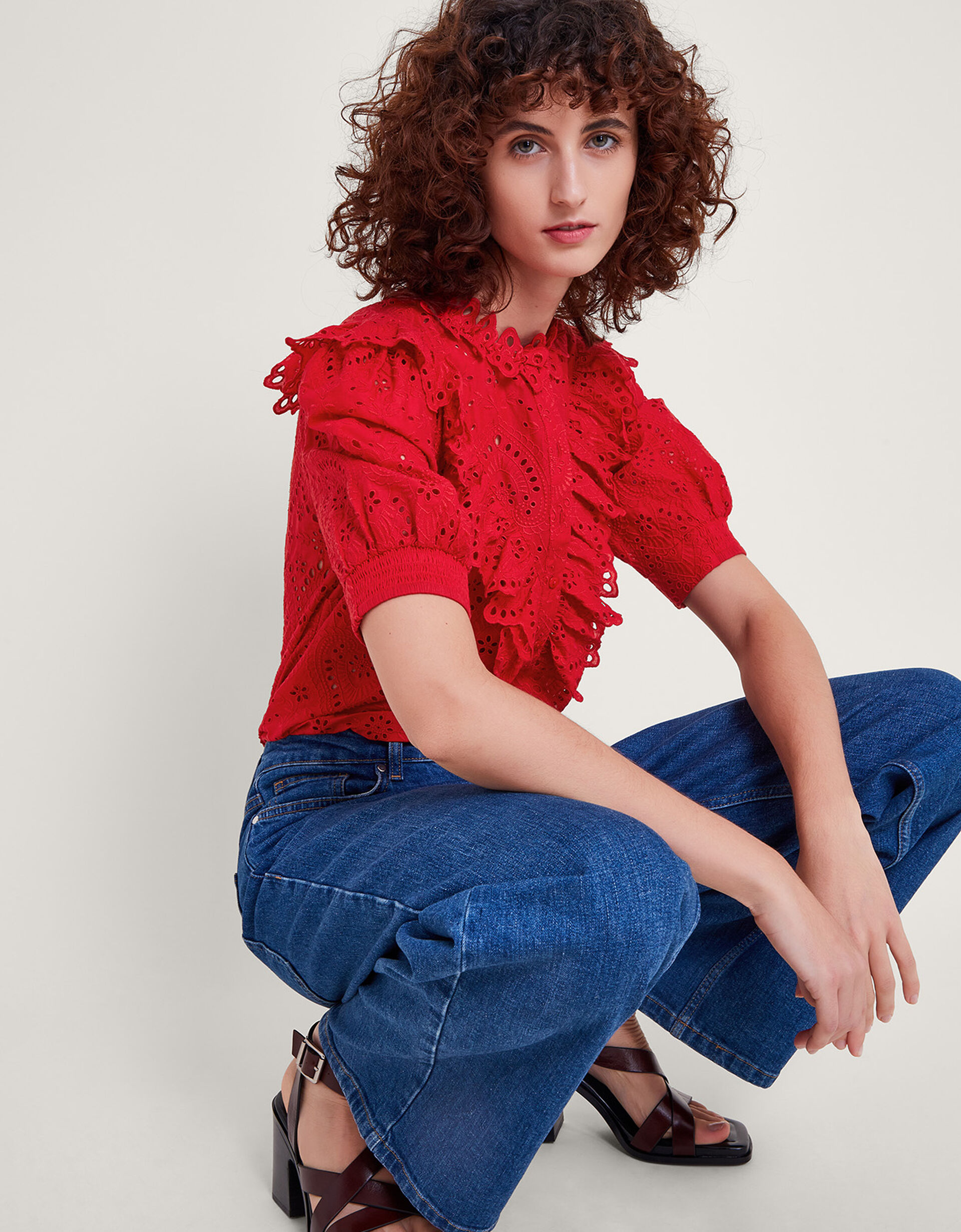 Mari Broderie Blouse Red | Tops & T-shirts | Monsoon UK.