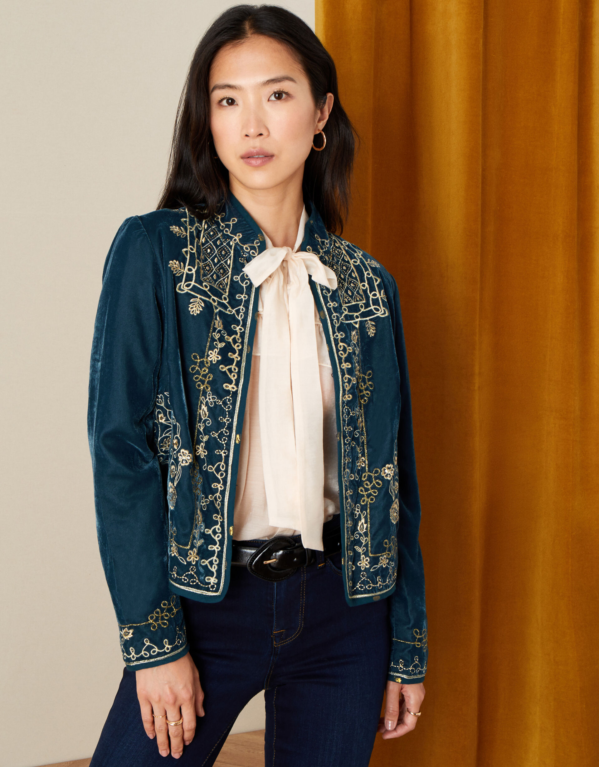 Embroidered Velvet Jacket Teal | Women's Jackets | Monsoon UK.