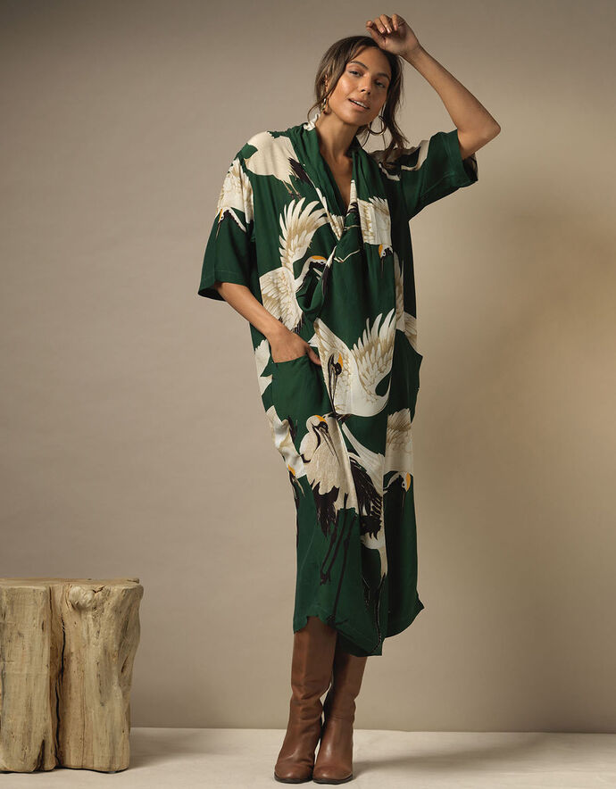 One Hundred Stars Stork Print Dress Green