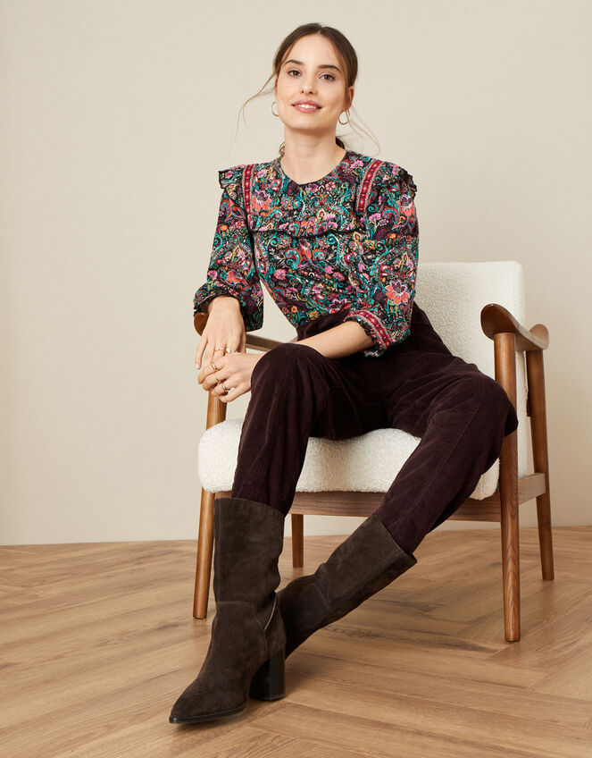 Embroidered Patch Print Top Black