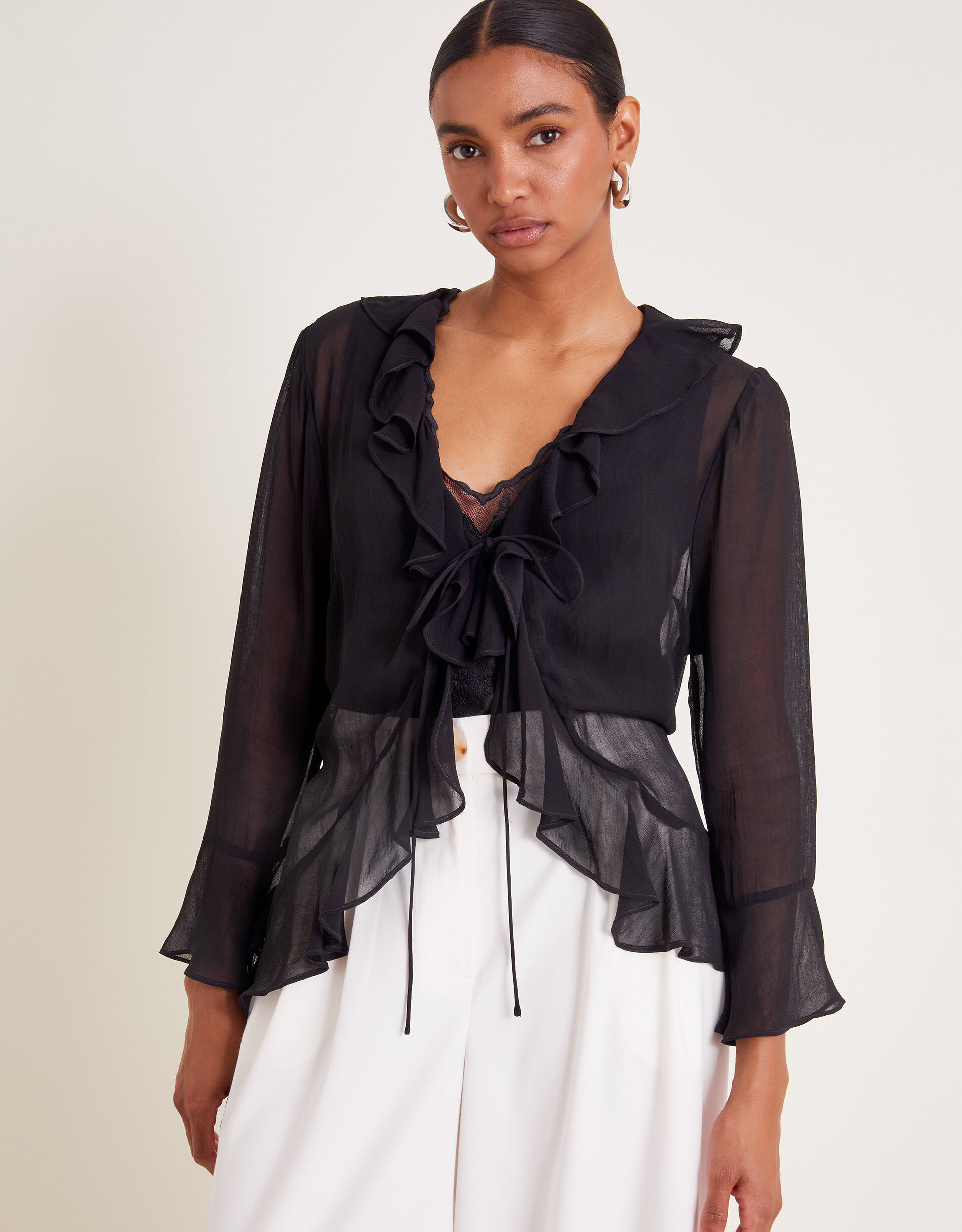 Fiona Sheer Frill Tie-Front Blouse Black