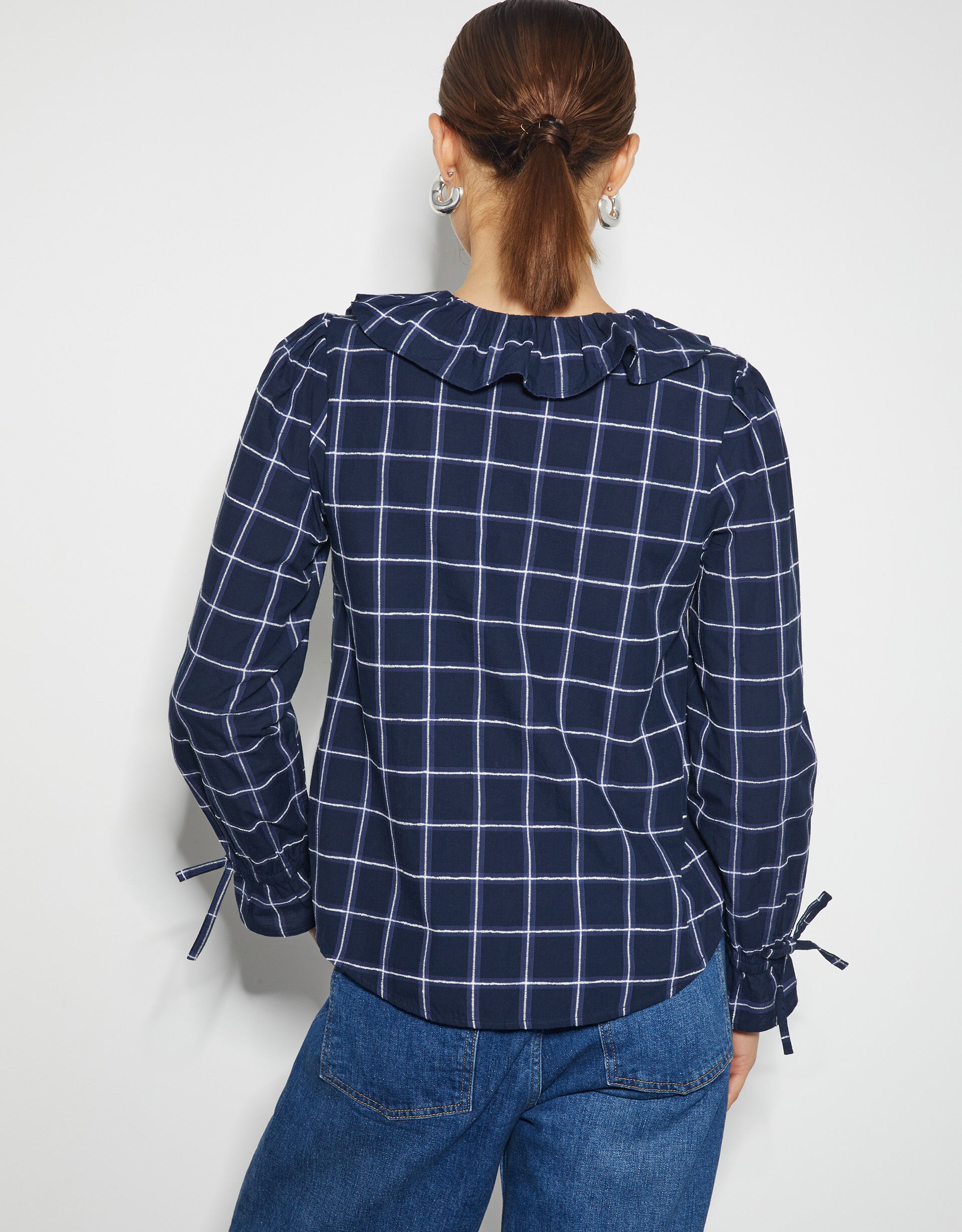 Frankie Check Print Ruffle Blouse Blue | Tops & T-shirts | Monsoon UK.