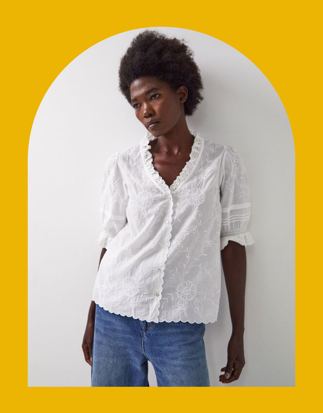 East Bria Broderie Puff Sleeve Top White