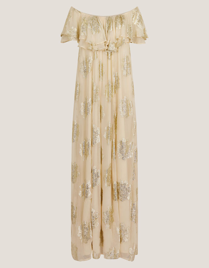 Lyra Metallic Ruffle Maxi Dress Ivory | Evening Dresses | Monsoon UK.