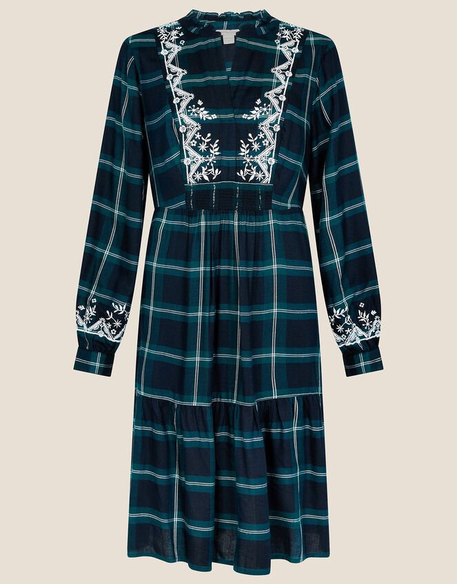 Check Embroidered Tiered Dress Blue