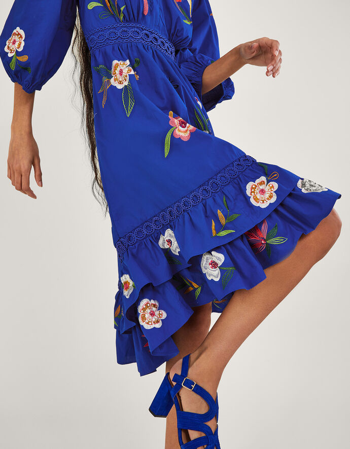Ellie Embroidered Tiered Hem Dress Blue
