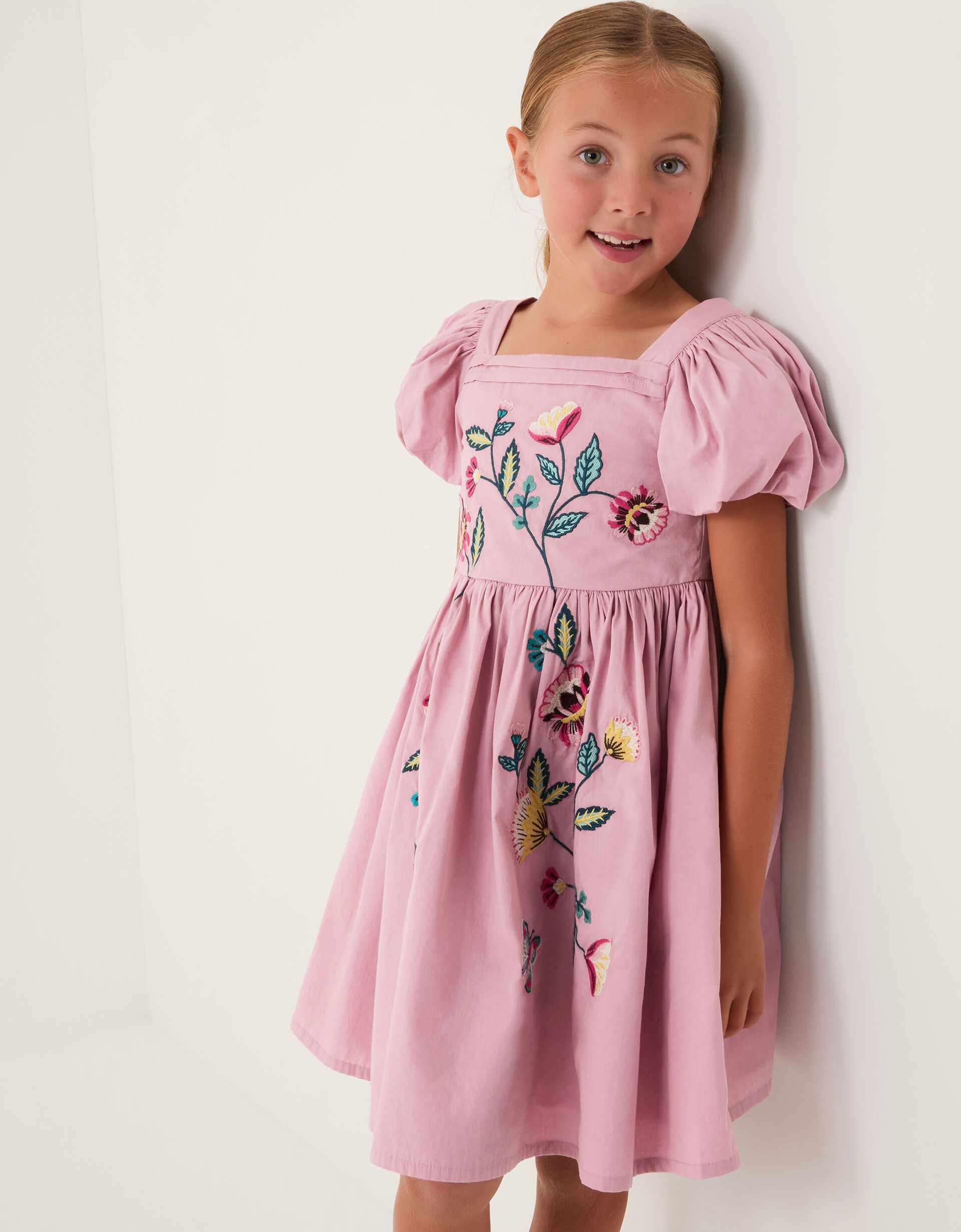 Floral Embroidered Puff Sleeve Dress Purple | Girls' Dresses | Monsoon UK.