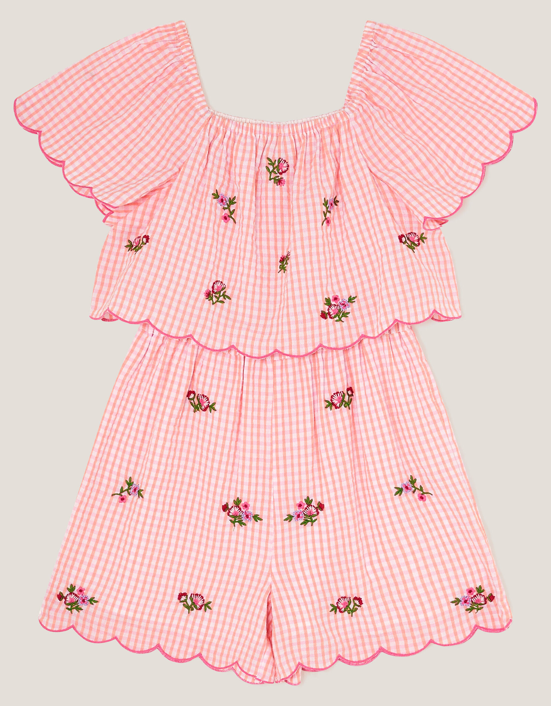 Floral Embroidered Gingham Playsuit Pink | Girls' Jumpsuits & Playsuits ...