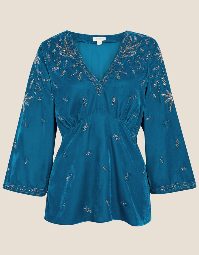 Carly Embroidered Velvet Top Teal | Velvet Tops | Monsoon UK.