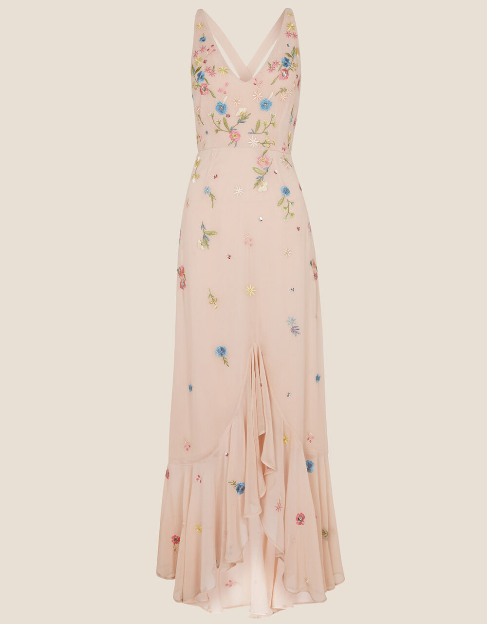 Abigail Embroidered Frill Maxi Dress Nude | Evening Dresses | Monsoon UK.