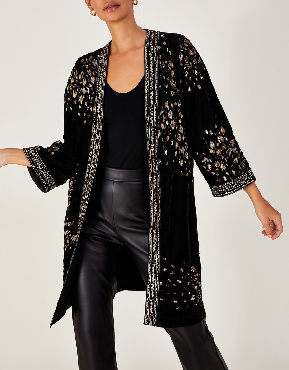 Wendy Velvet Embroidered Kimono Black | Women's Jackets | Monsoon UK.