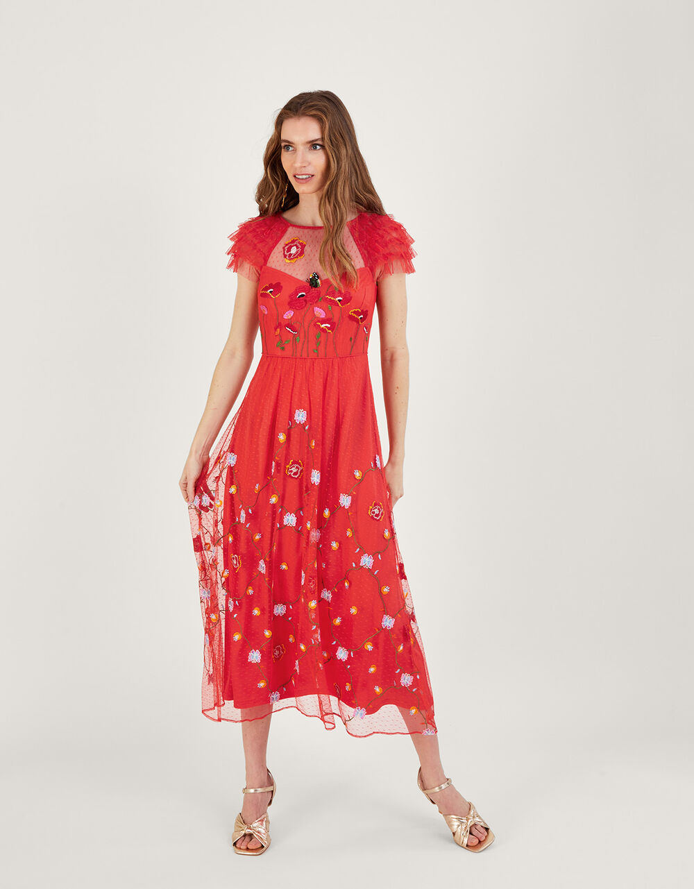 Octavia Embroidered Midi Dress Red | Evening Dresses | Monsoon UK.
