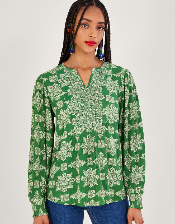 Fernandia Pleated Bib Geometric Print Top Green | Tops & T-shirts ...