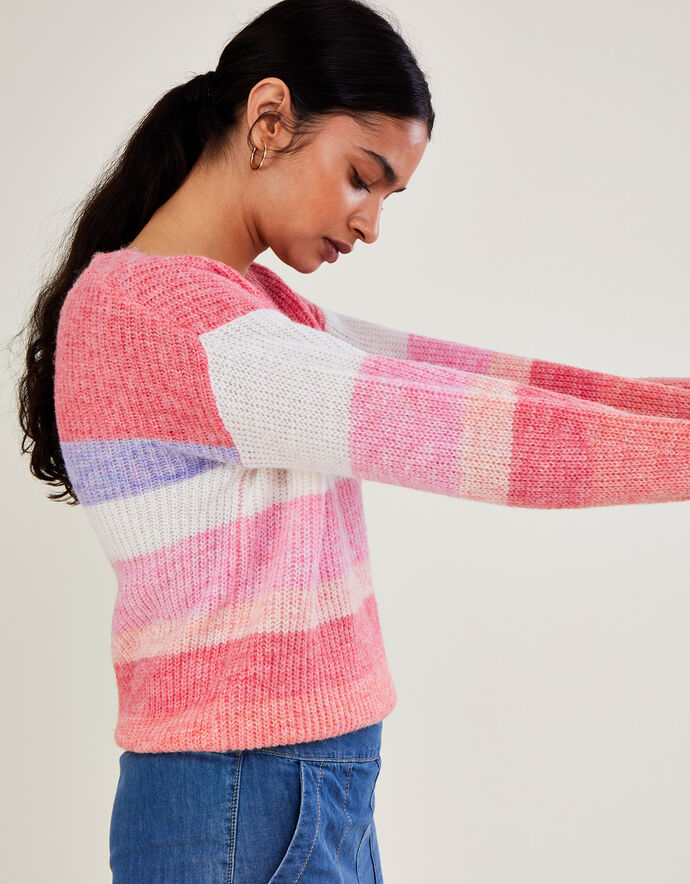 Stripe V Neck Jumper with Recycled Polyester Orange