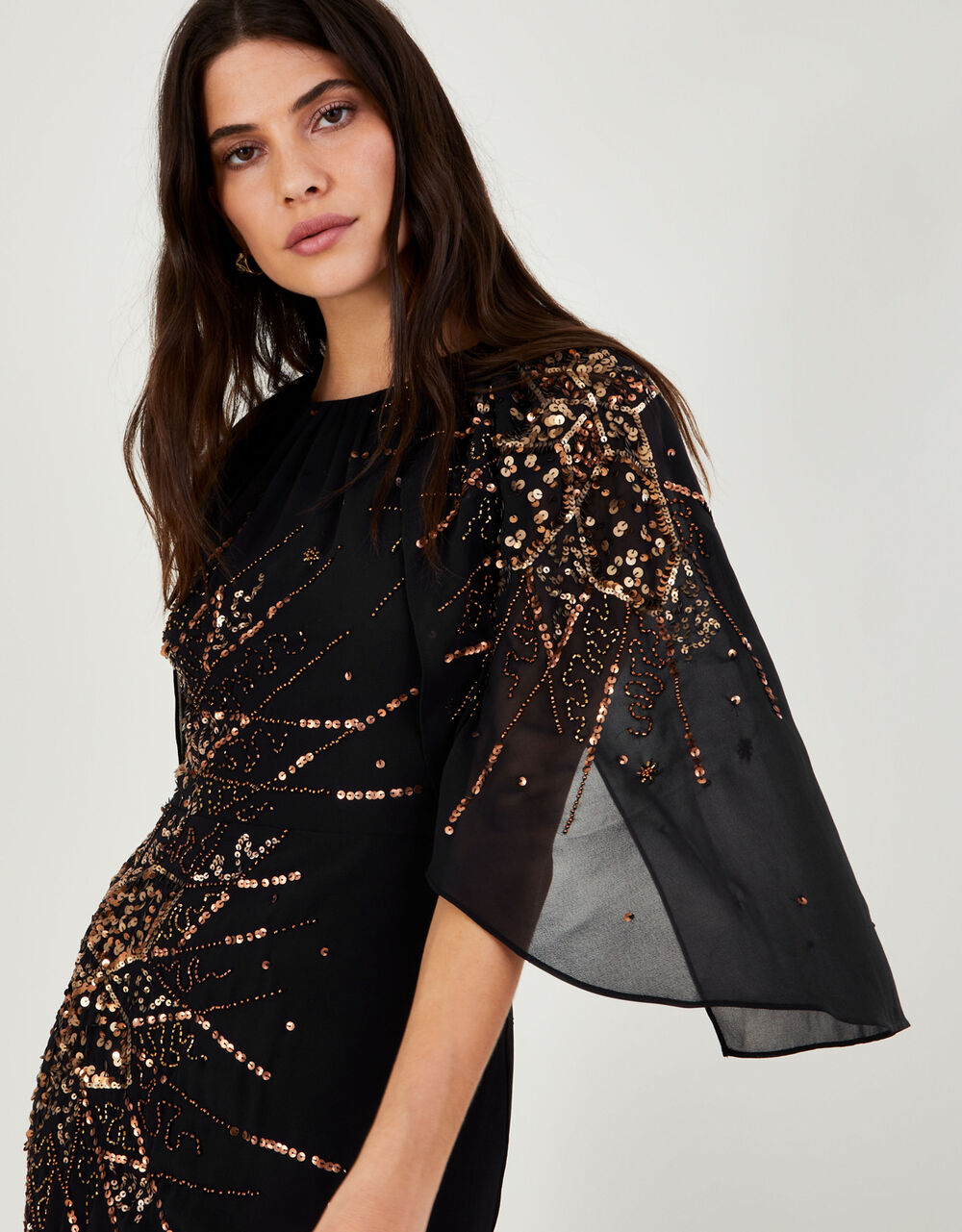 Charlene Embellished Cape Dress in Recycled Polyester Black | Evening ...