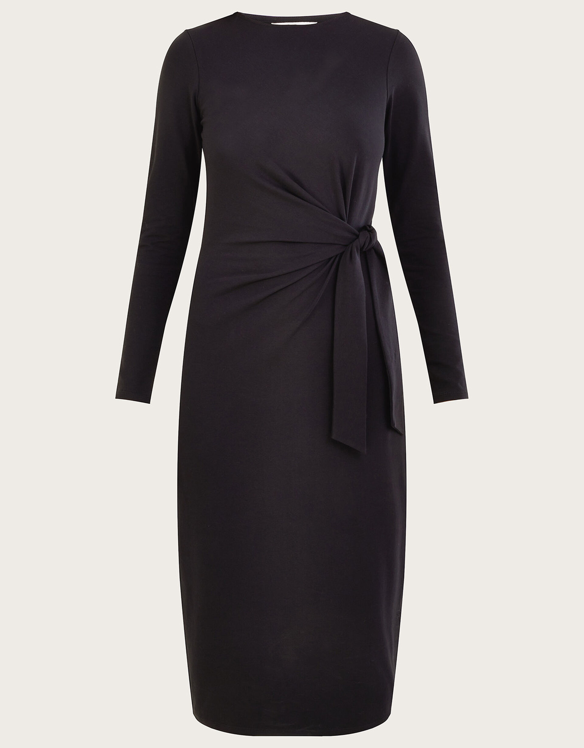 Long Sleeve Side Knot Midi Jersey Dress Black