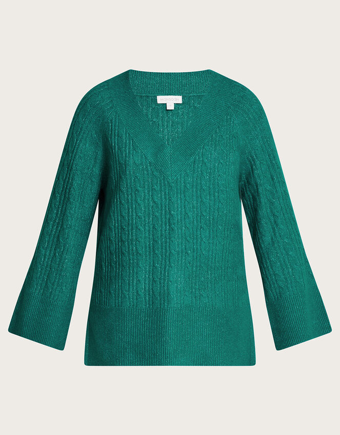 V-Neck Cable Longline Jumper with Recycled Polyester Green