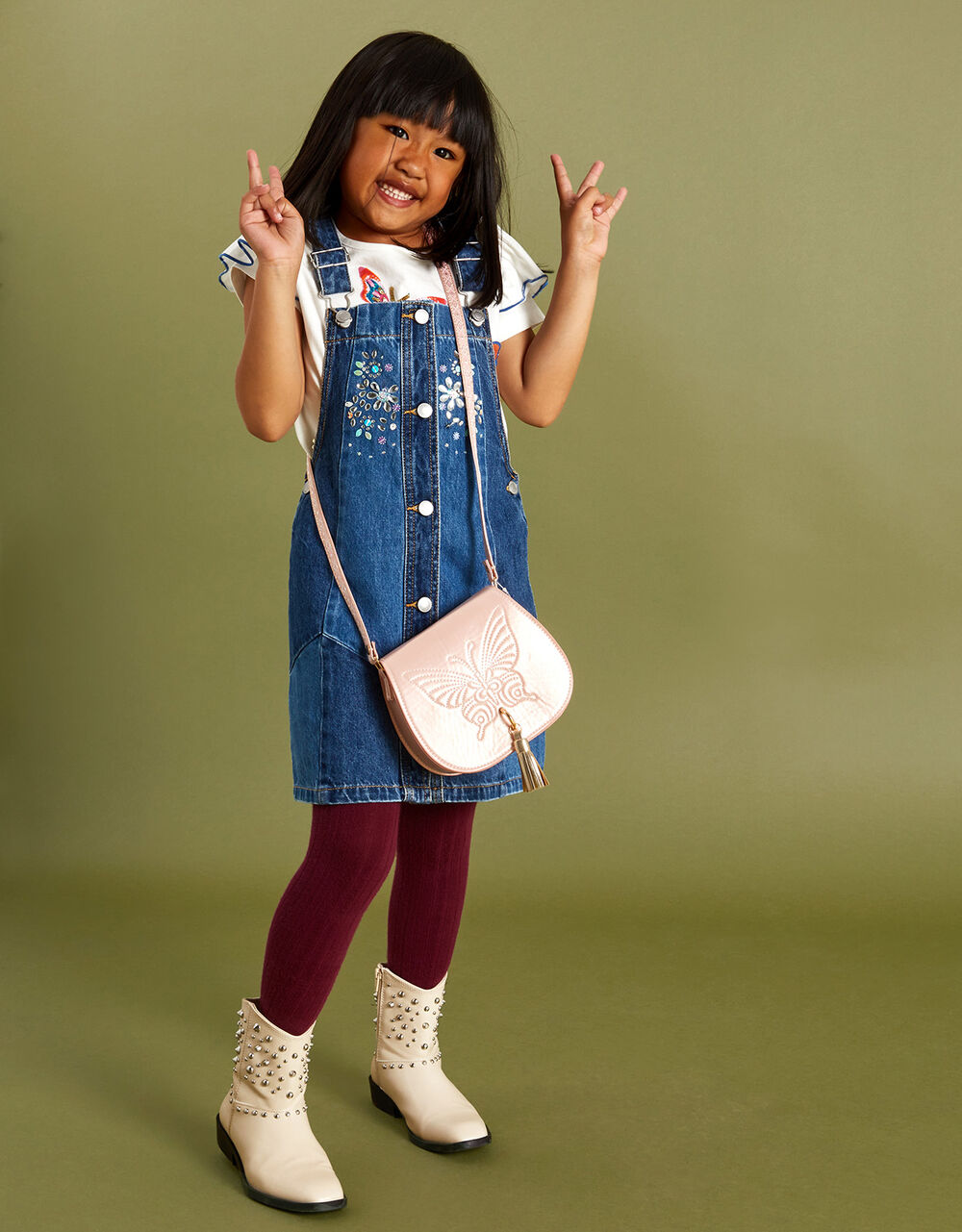 Gemstone Embellished Denim Pinny Dress Blue