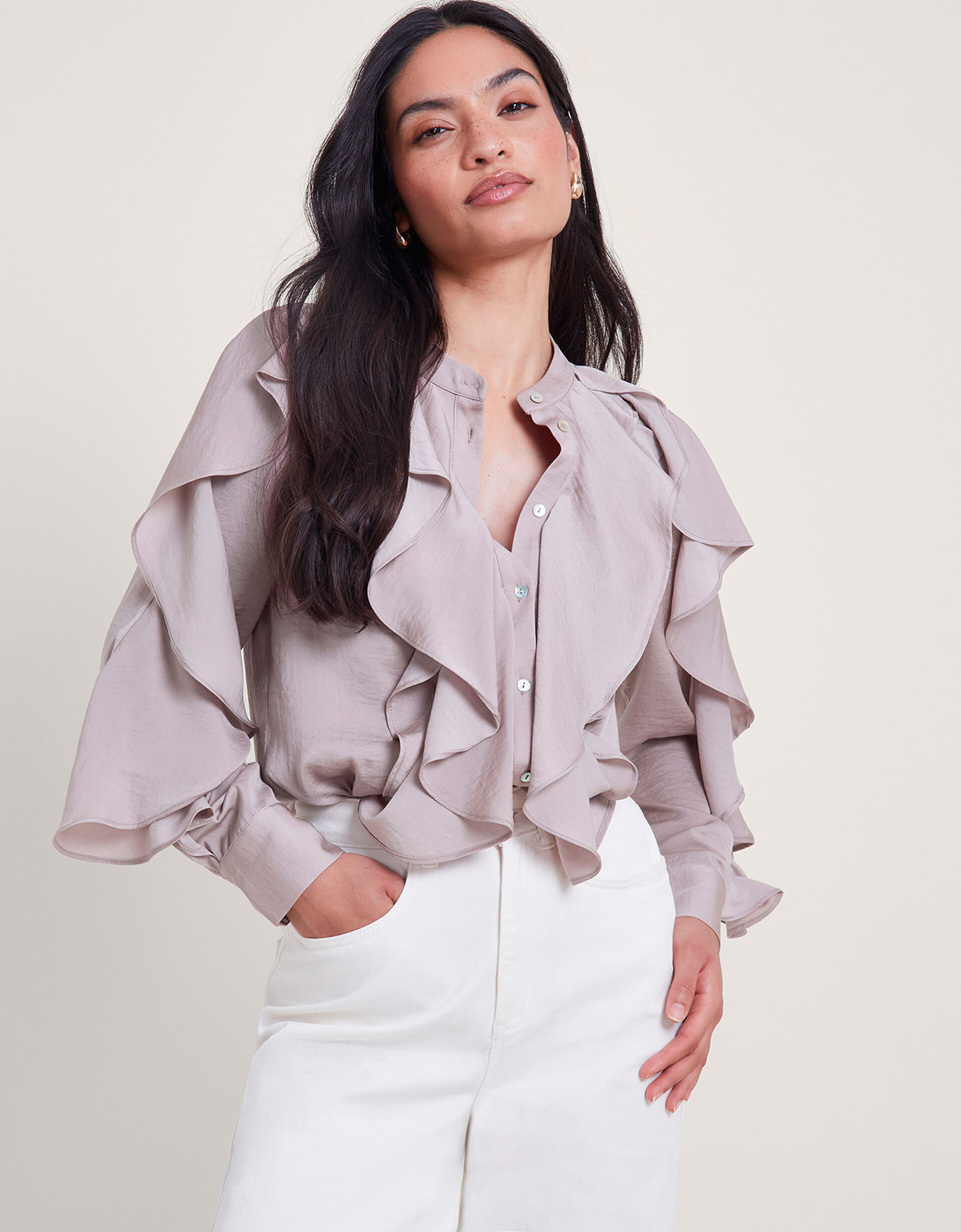 Lola Satin Ruffle Blouse Mink | Blouses & Shirts | Monsoon UK.