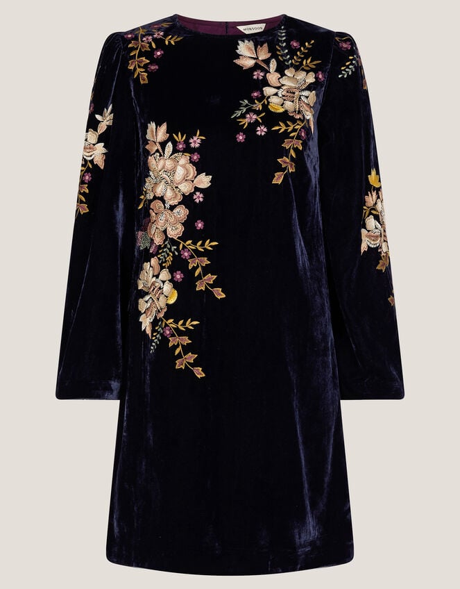 Fallon Floral Embroidered Velvet Mini Dress Blue | Evening Dresses ...