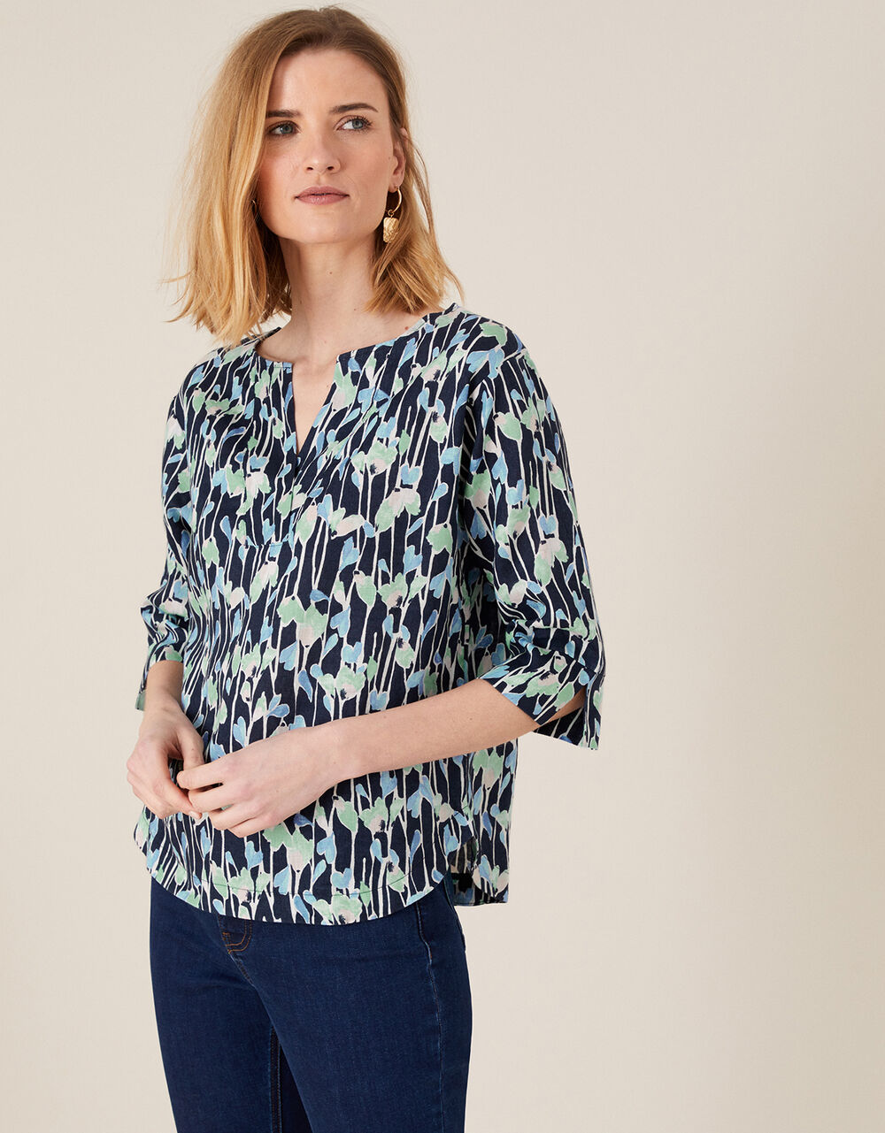 Lulu Printed Shirt in Pure Linen Blue | Tops & T-shirts | Monsoon UK.
