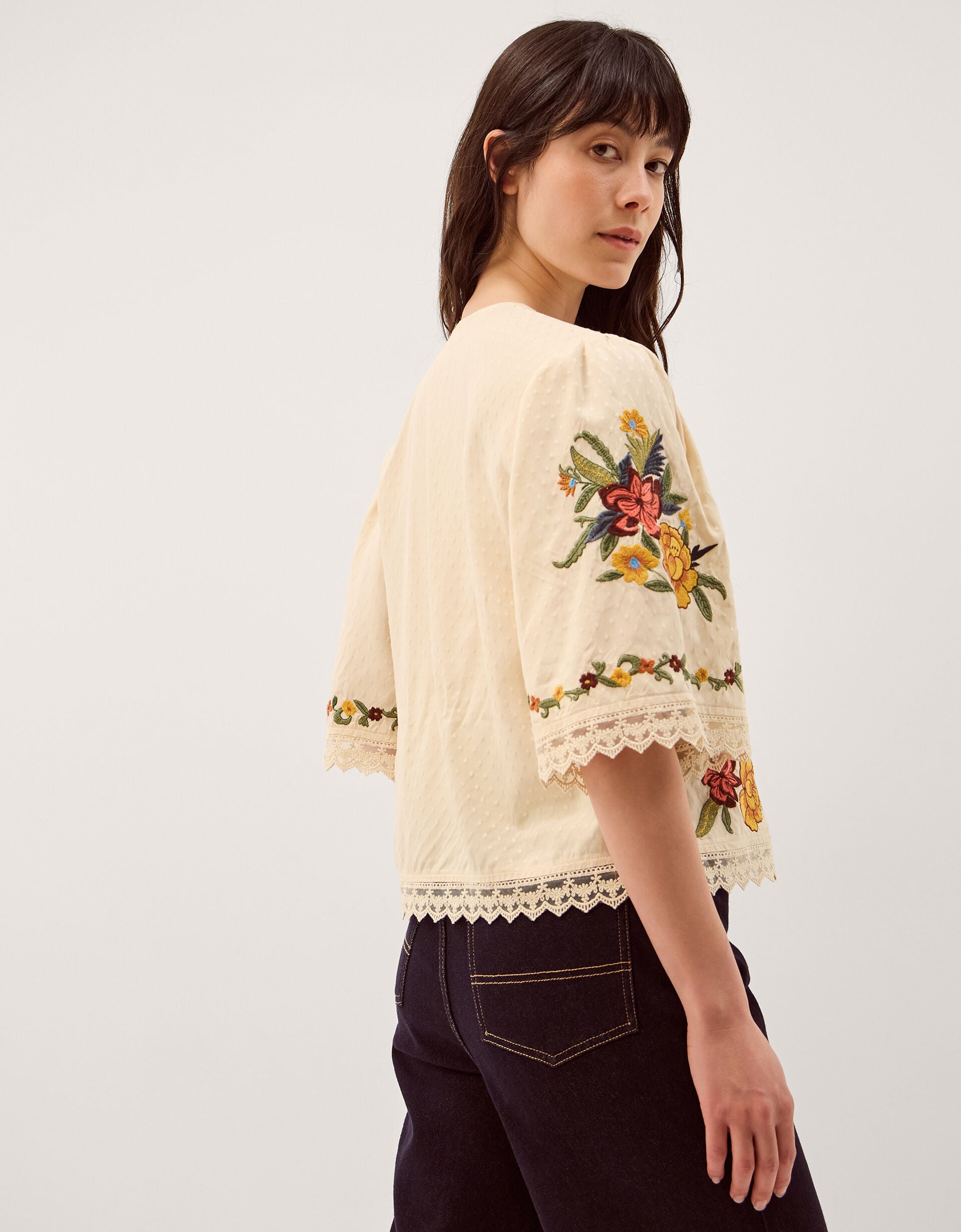 Yvette Floral Embroidered Lace Top Cream | Tops & T-shirts | Monsoon UK.