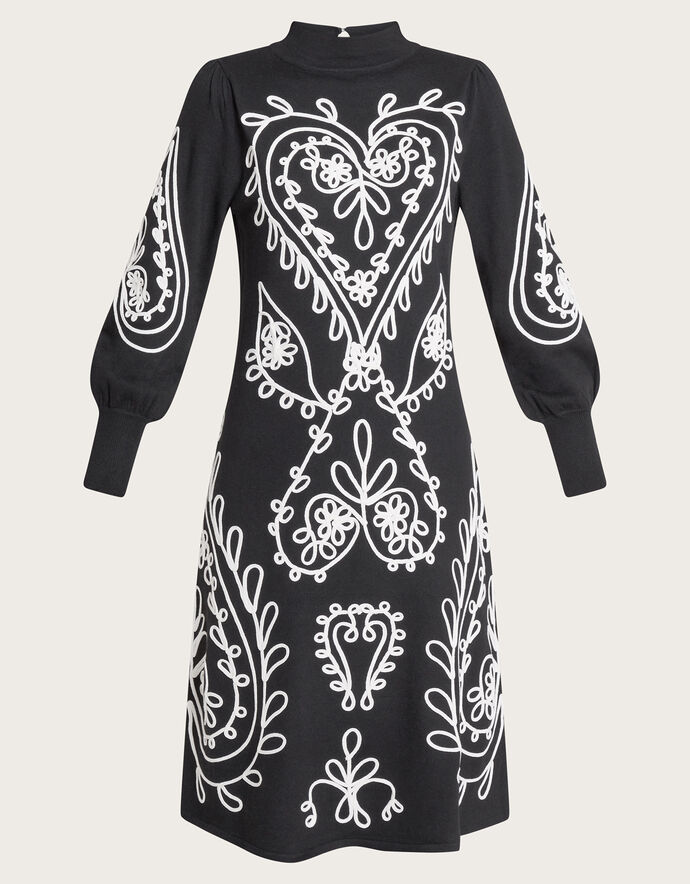 Heart Cornelli Embroidery Knit Dress Black