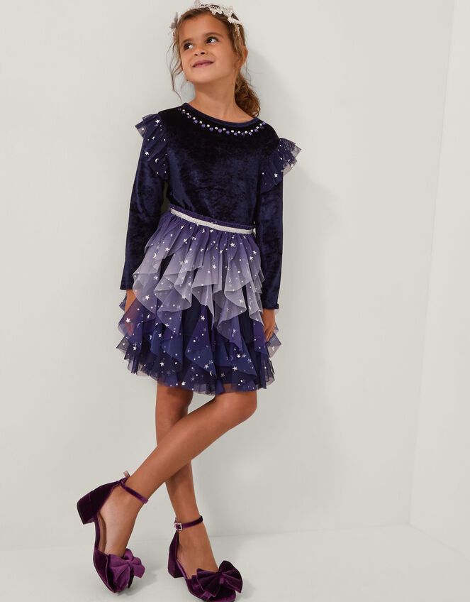 Cosmic Velour Long Sleeve Disco Dress Blue | Girls' Dresses | Monsoon UK.