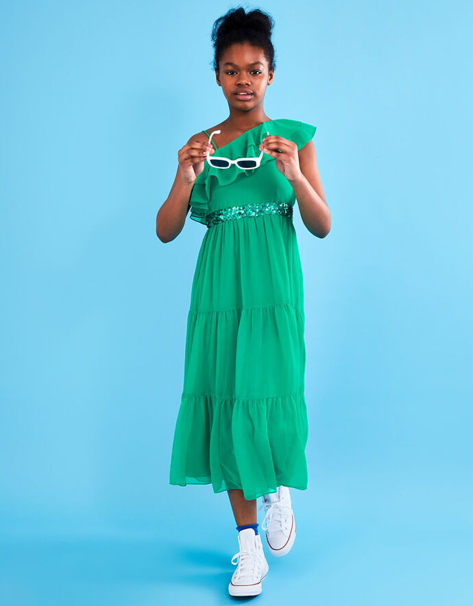 Ruby Ruffle One-Shoulder Prom Dress Green | Girls' Dresses | Monsoon UK.