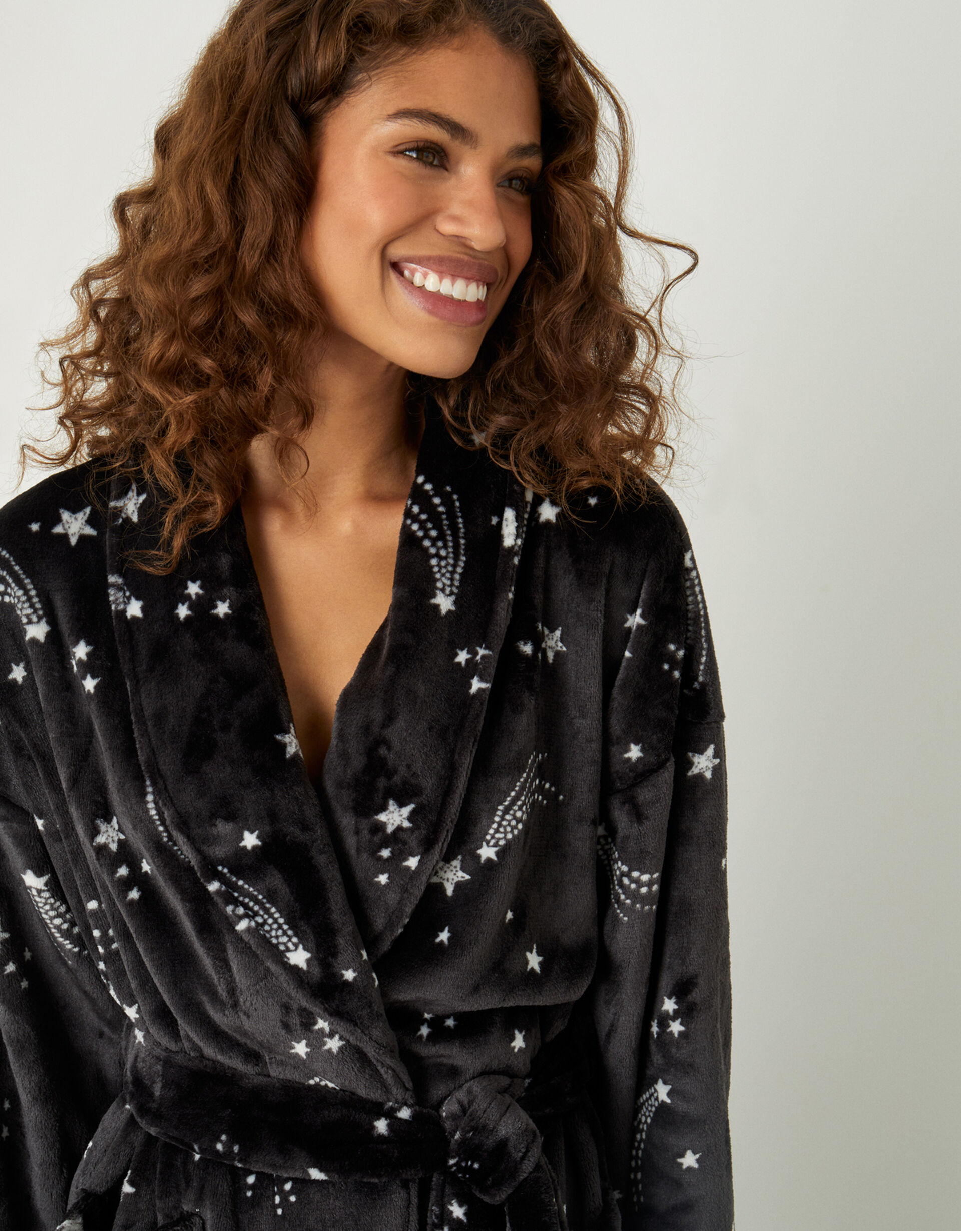 Shooting Star Print Fluffy Dressing Gown Grey