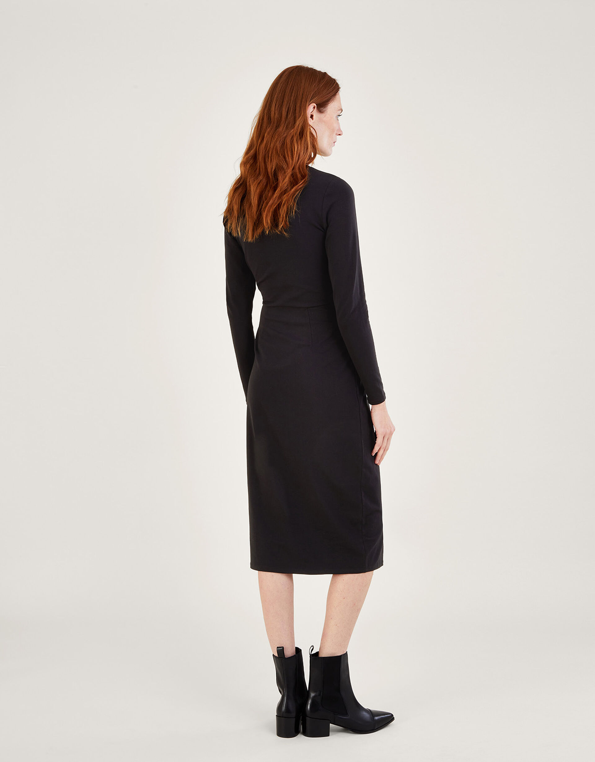 Long Sleeve Side Knot Midi Jersey Dress Black