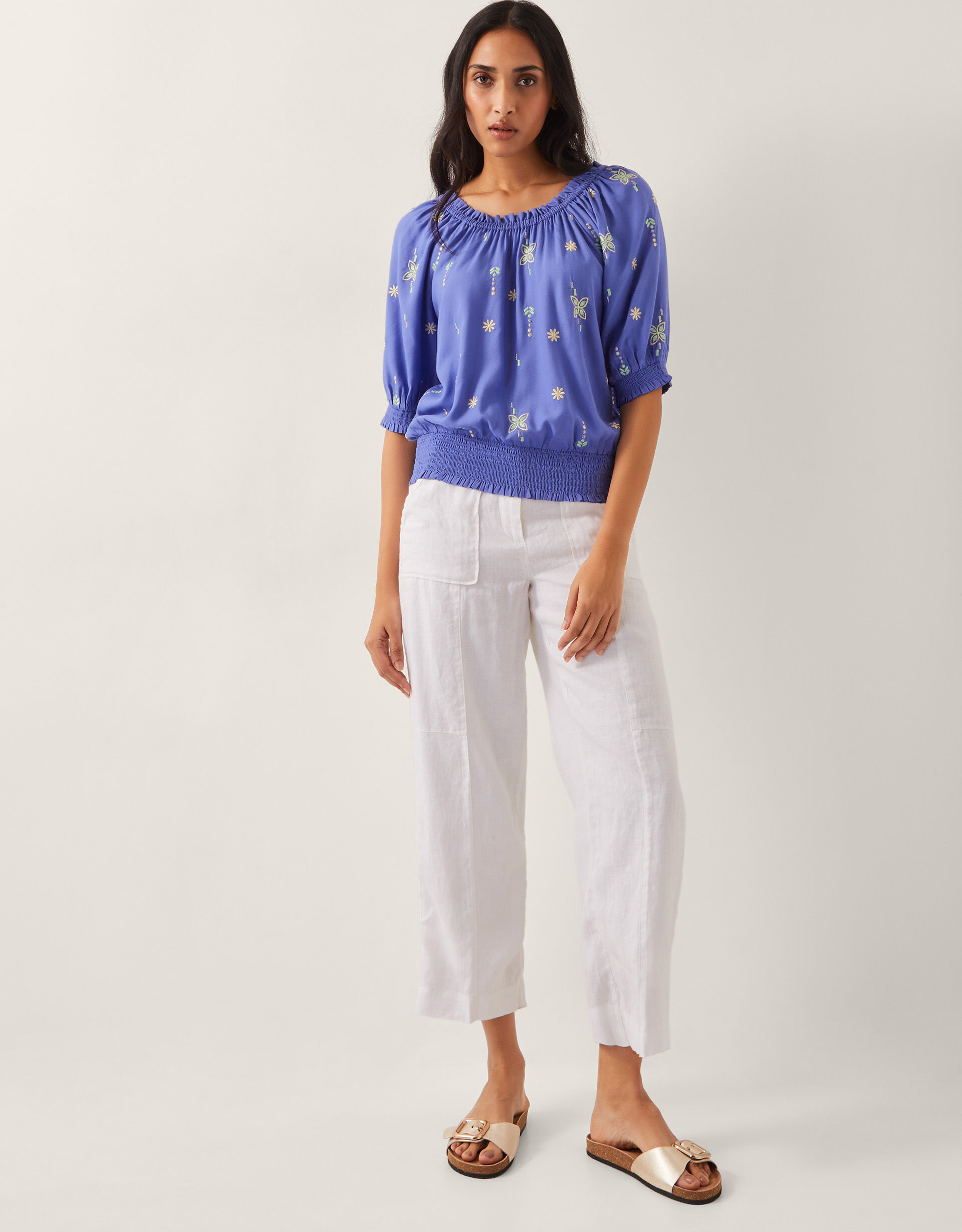 Emily Embroidered Puff-Sleeve Top Blue | Tops & T-shirts | Monsoon UK.