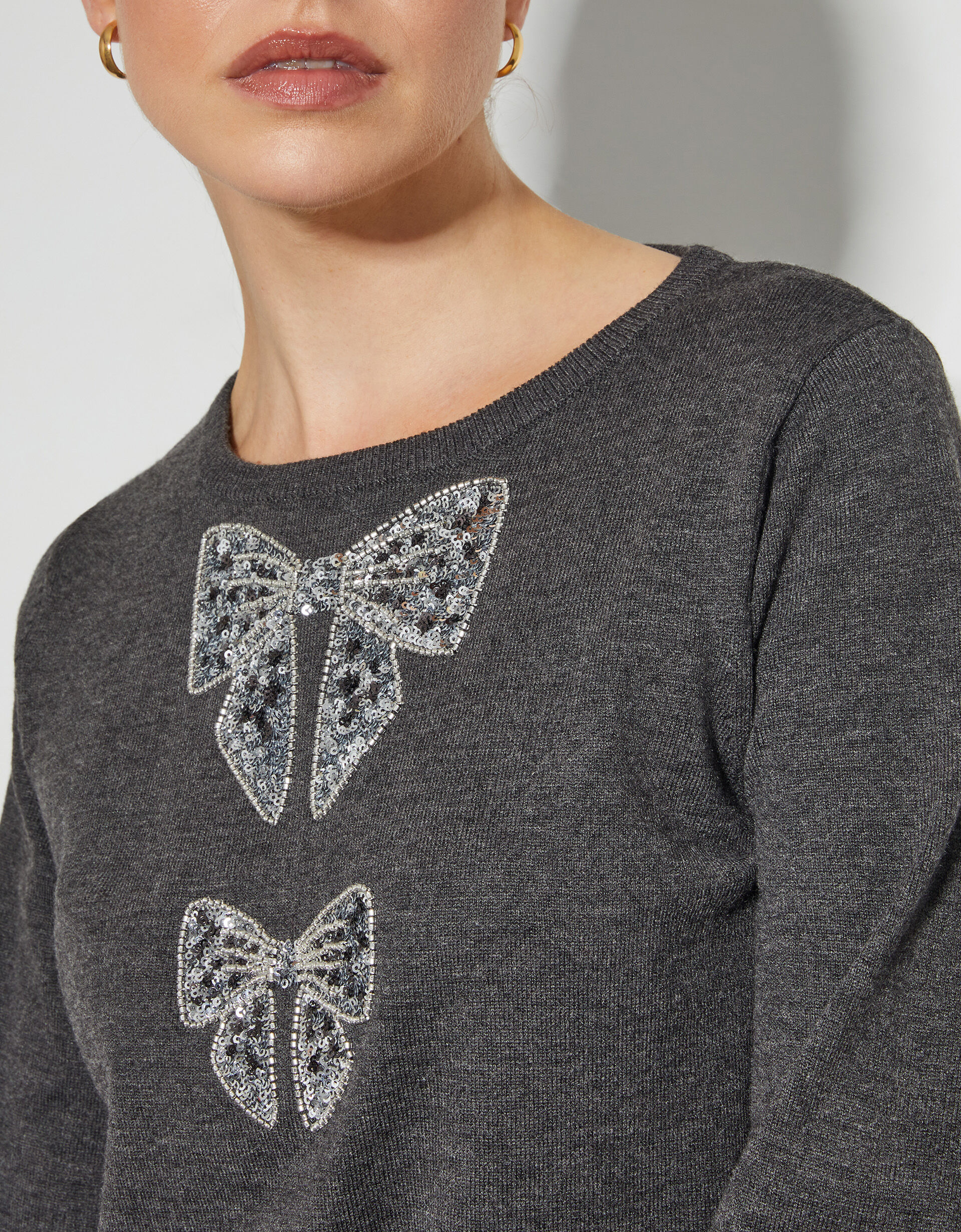 Di Sequin Bow Crew Neck Jumper Grey | Jumpers | Monsoon UK.