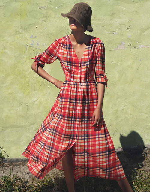 Check Midi Dress in Organic Cotton Red | Casual & Day Dresses | Monsoon UK.