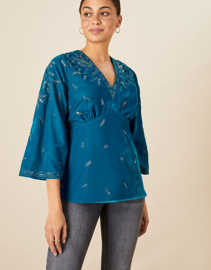 Carly Embroidered Velvet Top Teal | Velvet Tops | Monsoon UK.