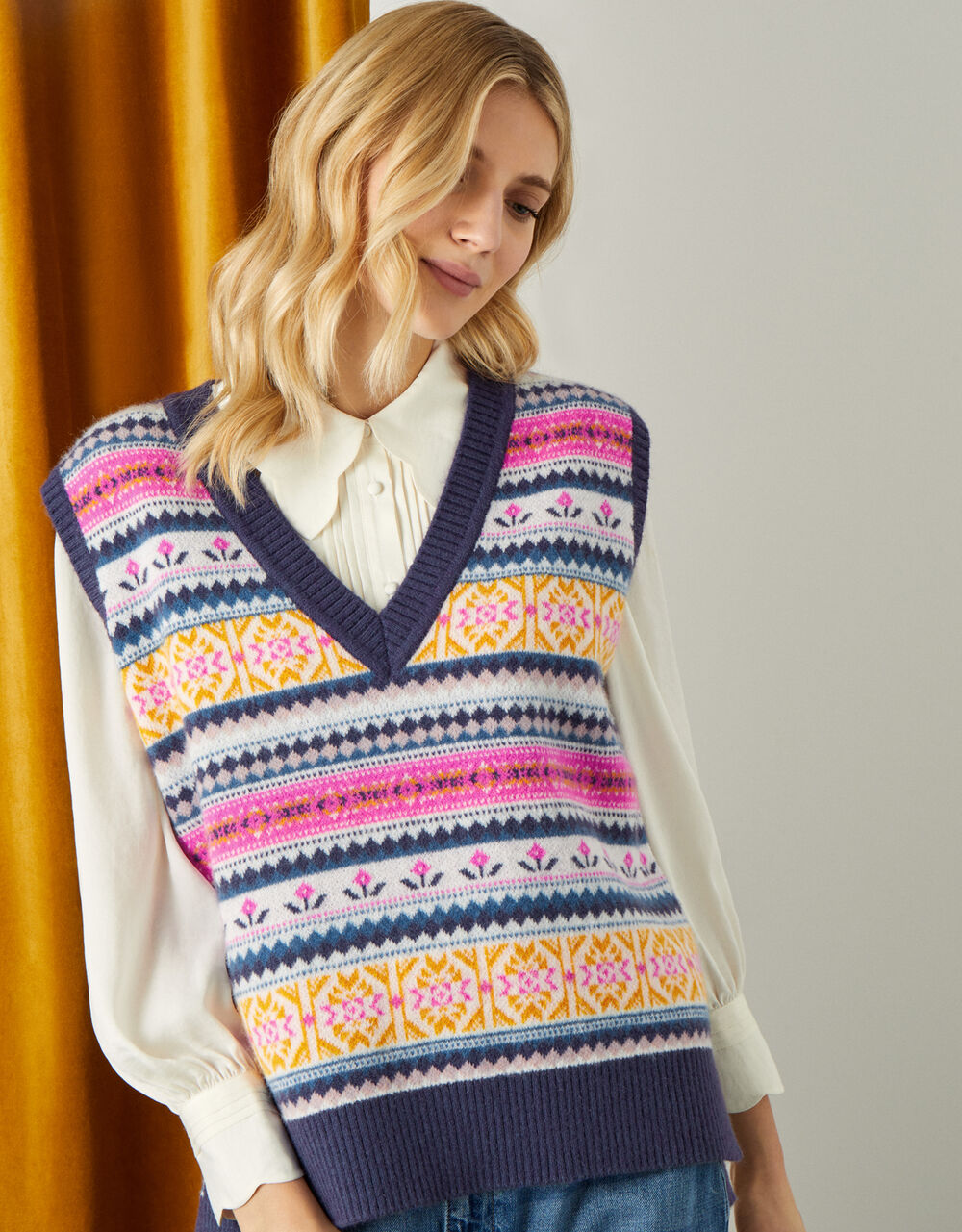 V-Neck Fairisle Print Tabard Pink | Jumpers | Monsoon UK.