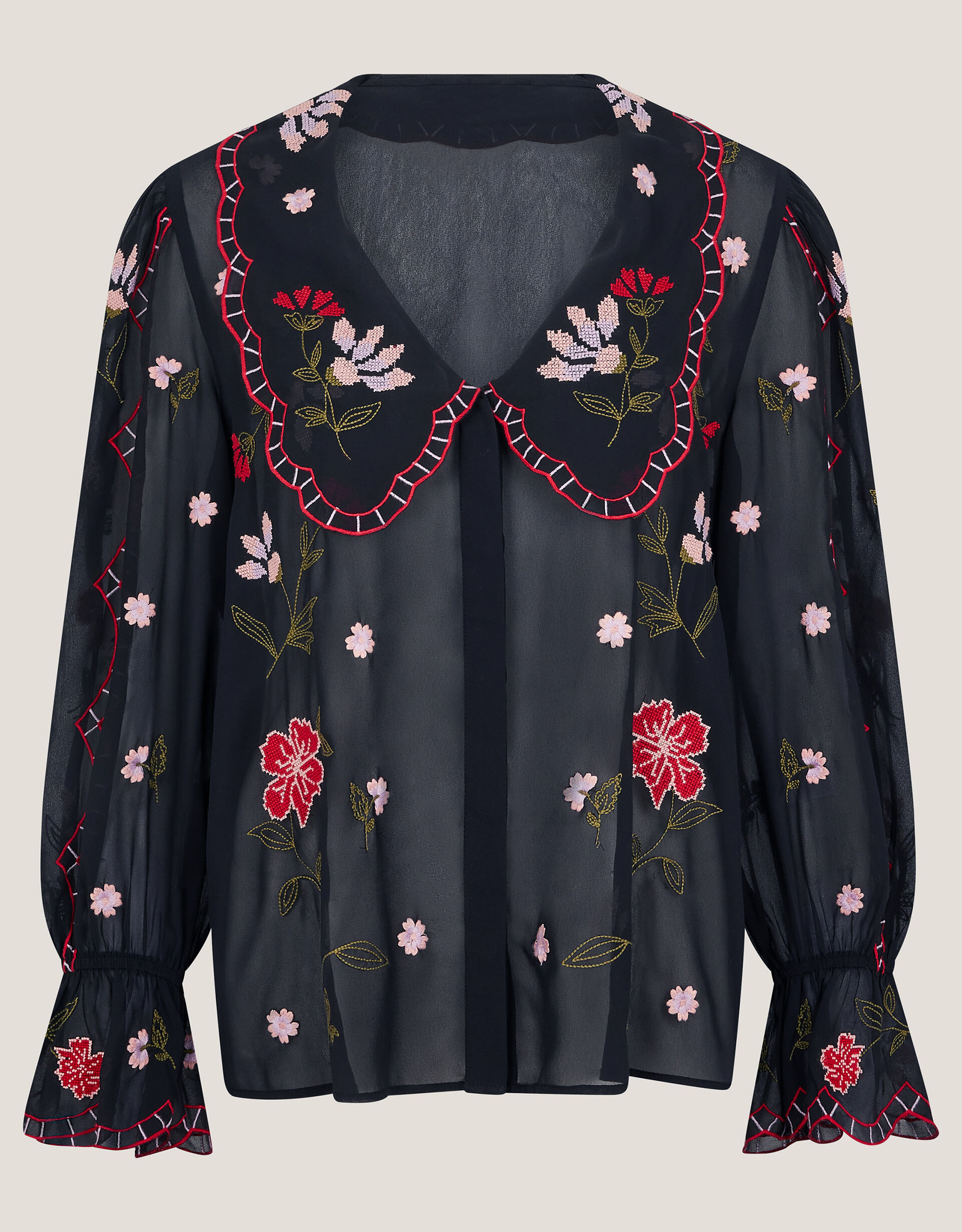 Laila Sheer Embroidered Collar Blouse Black