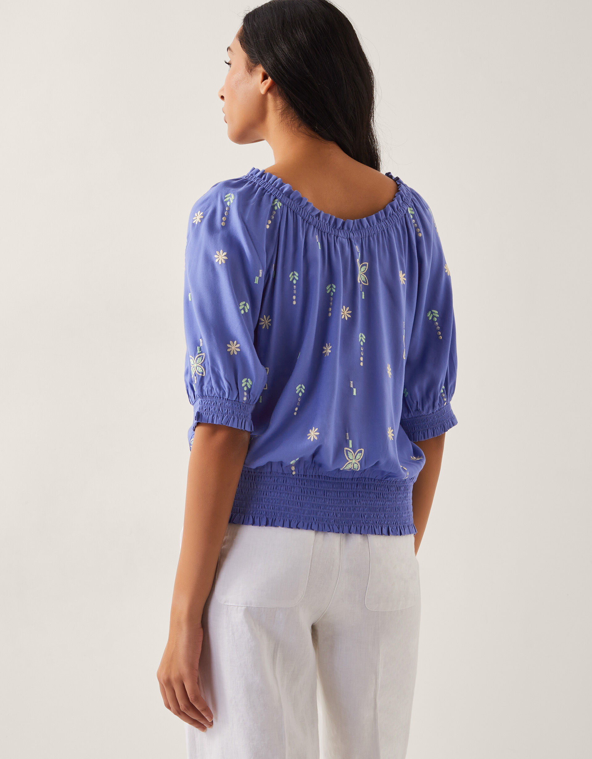 Emily Embroidered Puff-Sleeve Top Blue | Tops & T-shirts | Monsoon UK.
