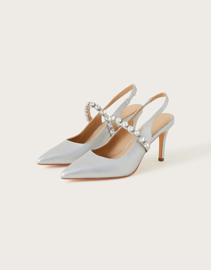 Metallic Pointy Diamante Slingback Heels Silver
