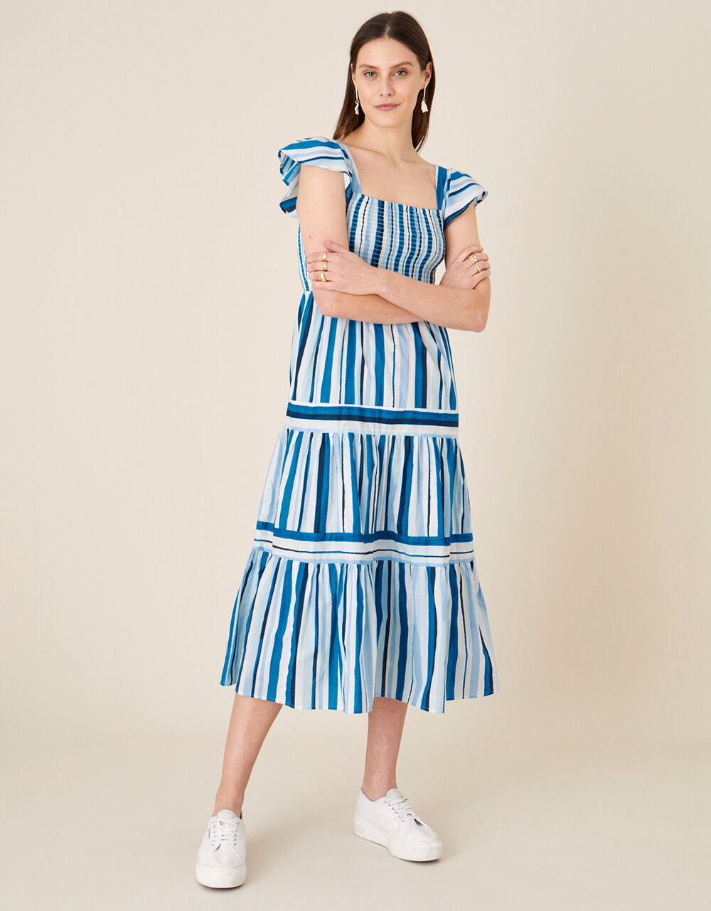 Stripe Tiered Midi Dress Blue | Day Dresses | Monsoon UK.