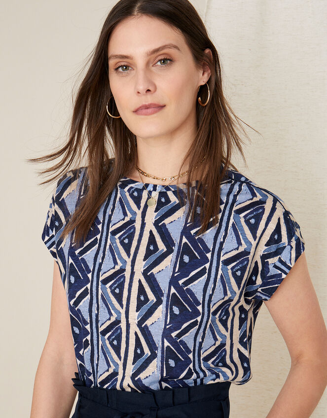 Berta Printed Top in Pure Linen Blue