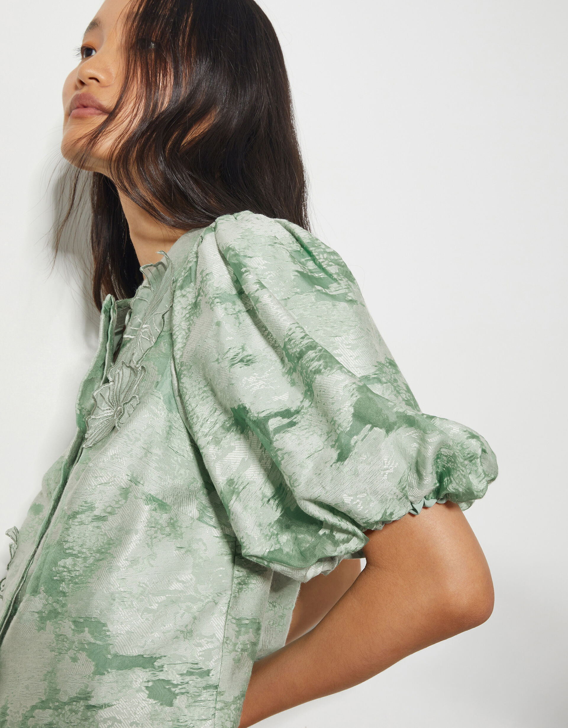 Josie Puff Sleeve Floral Jacquard Top Green | Women's Jackets | Monsoon UK.